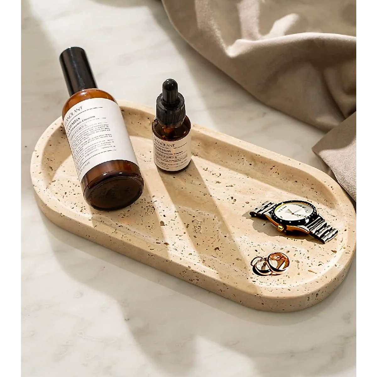 Natural Oval Beige Marble Tray 11.8 x 5.9inches, Travertine Stone Tray Bathroom Vanity Tray Catchall Tray for Jewelry Perfume Candle, Large Decorative Tray for Nightstand/Bedroom/Counter/Home Decor