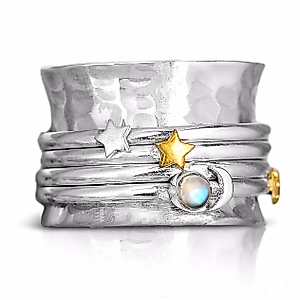 Boho-Magic Spinner Moonstone Moon and Star Ring for Women 925 Sterling Silver Fidget Wide Band (8)