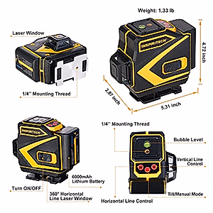 INSPIRITECH Tile Laser Level Self Leveling 3D Alignment Guide,3x360° Horizontal Vertical 12 Cross Lines, Green Beam Lazer Leveler Tool for Floor Ceiling Wall with 2 Lithium Batteries