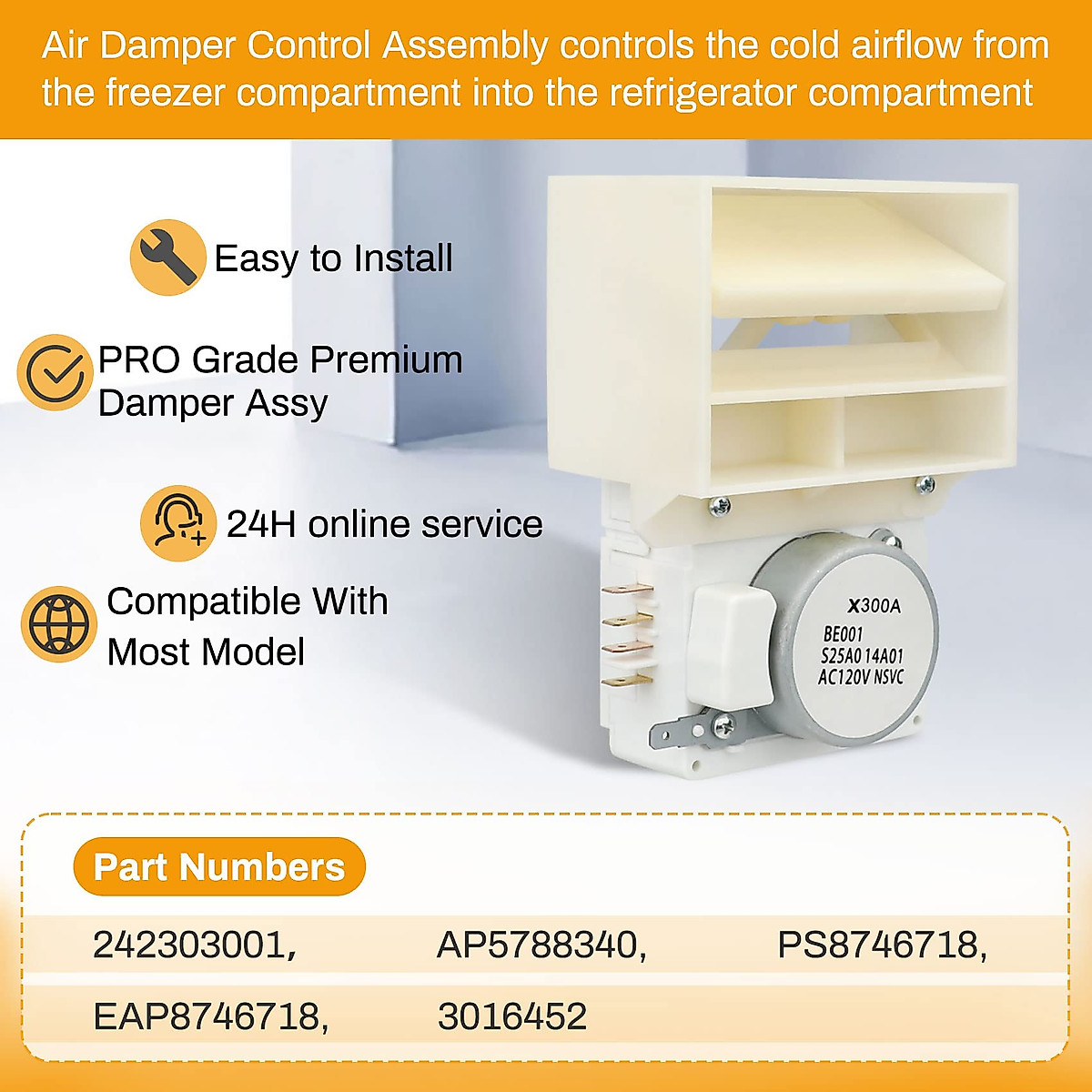 242303001 Refrigerator Damper Assembly Air Damper Control Assembly Compatible with Frigidaire Compatible with Crosley White replaces 3016452 AP5788340 PS8746718 EAP8746718 Fits DFH, FFE, FFH, FFS, LFS