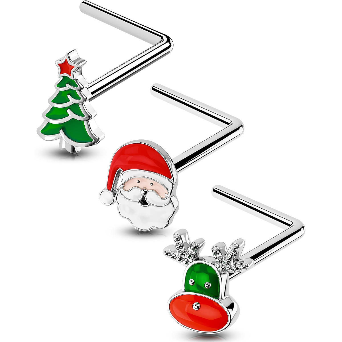 OUFER 20G Nose Studs, Christmas Elements L-Shaped Nose Piercing Jewelry, 316L Stainless Steel Nose Ring Stud, Nostril Piercing Jewelry for Women And Men