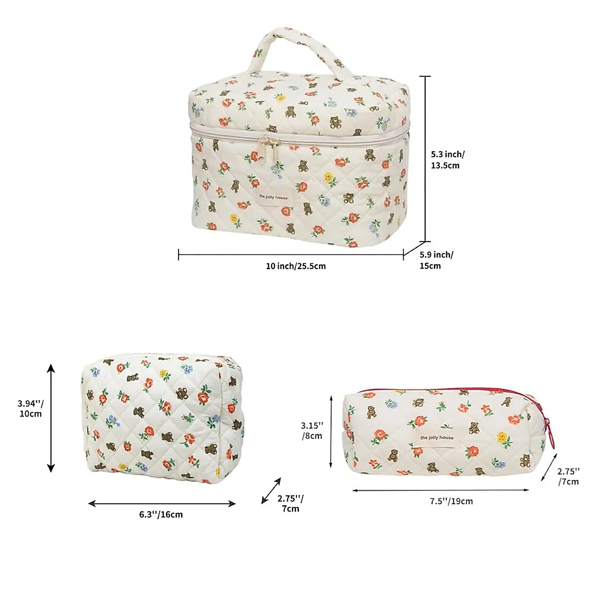BILIPOPX 3 Pack Kawaii Cute Makeup Bag Bear Aesthetic Travel Quilted Cotton Cosmetic Bag Organizer Toiletry Pouch for Women Teen Girls (Bear Flower)
