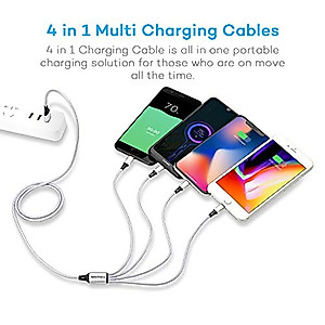 Multi Charging Cable, Multi USB Cable 3A 4FT USB Charging Cable Nylon Braided Universal 4in1 Multi Charger Cable Adapter Type-C/Micro USB Port,Compatible with Cell Phones and More (Silver, 2Pack)