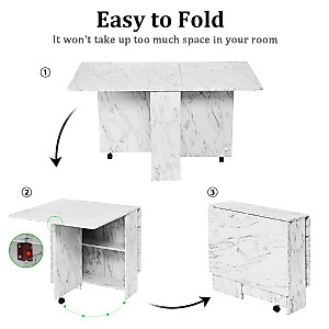 VANSPACE Folding Dining Table Drop Leaf Table for Small Spaces with Storage Racks Multifunction Space Saving Table Extension Dinner Table for Kitchen Bedroom Dining Room White Marble
