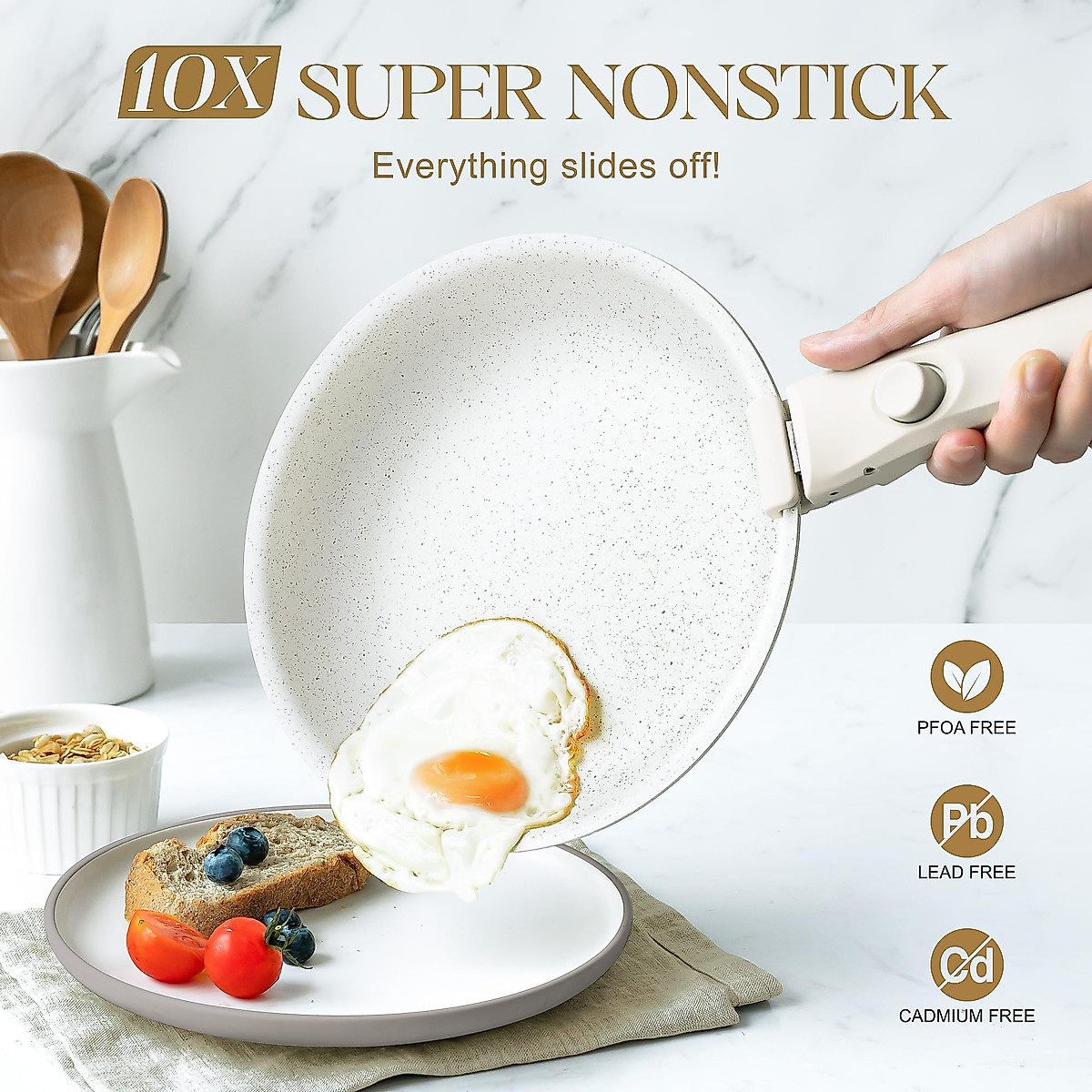 MICHELANGELO Nonstick Frying Pan Set Removable Handle, 8" 9.5" and 11" Frying Pans, Skillets with Detachable Handle, Granite Coating Egg Pan, Non Toxic Pans for Cooking, PFOA Free, Oven Safe, White