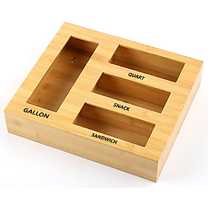 Bag Storage Organizer with Stickers for Kitchen Drawer, Bamboo Made Food Storage Wrapped Baggie Organizer Holders Dispenser, Compatible with Gallon Quart (Slider Quart) Sandwich and Snack Size Bags