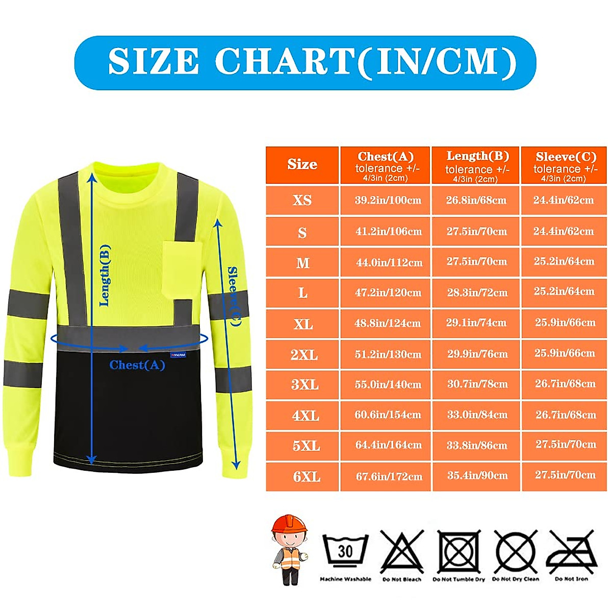AYKRM Long Sleeve high Visibility Shirts Safety T Shirt Reflective High Visibility hi vis Long Sleeve T Shirt (Yellow, L)