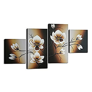 100% Hand-painted Wood Framed Abstract Floral Oil Painting on Canvas Warm Day Yellow Flowers Bloom Ready to Hang for Living Room Bedroom Home Decorations 4pcs/set
