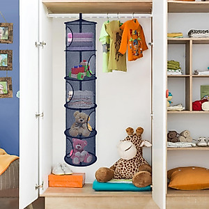 Libeder Stuffed Animal Storage Mesh Hanging Storage Space Saver Bags Organizer,Foldable Storage Organizer 5 Compartments Toy Storage Basket for Kids Room Bathroom 2 Sets Navy Blue