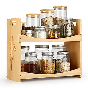 VIEWALL Spice Rack Organizer for Cabinet, Bamboo 2 Tiers Spice Rack Countertop Shelf Corner Shelf for Kitchen, Cabinet, Pantry