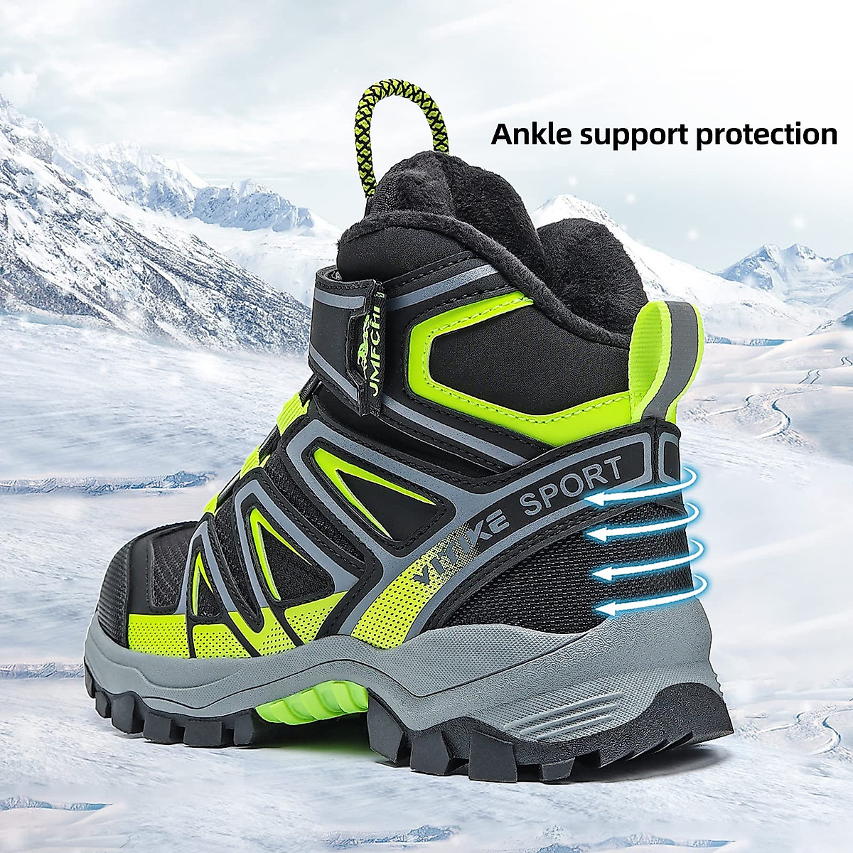 JMFCHI Kids Hiking Boots Boys Girls Outdoor Walking Climbing Sneaker Comfortable Non-slip Snow Shoes Hiker Boot Antiskid Steel Buckle Sole 8.5 Big Kid Black Green