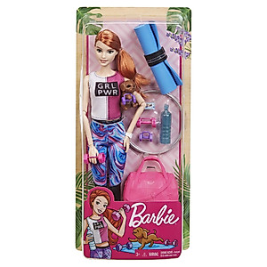 Barbie Doll, Red-Haired Fitness Doll with Puppy & 9 Accessories Including Yoga Mat with Strap, Hula Hoop, Weights & Bag