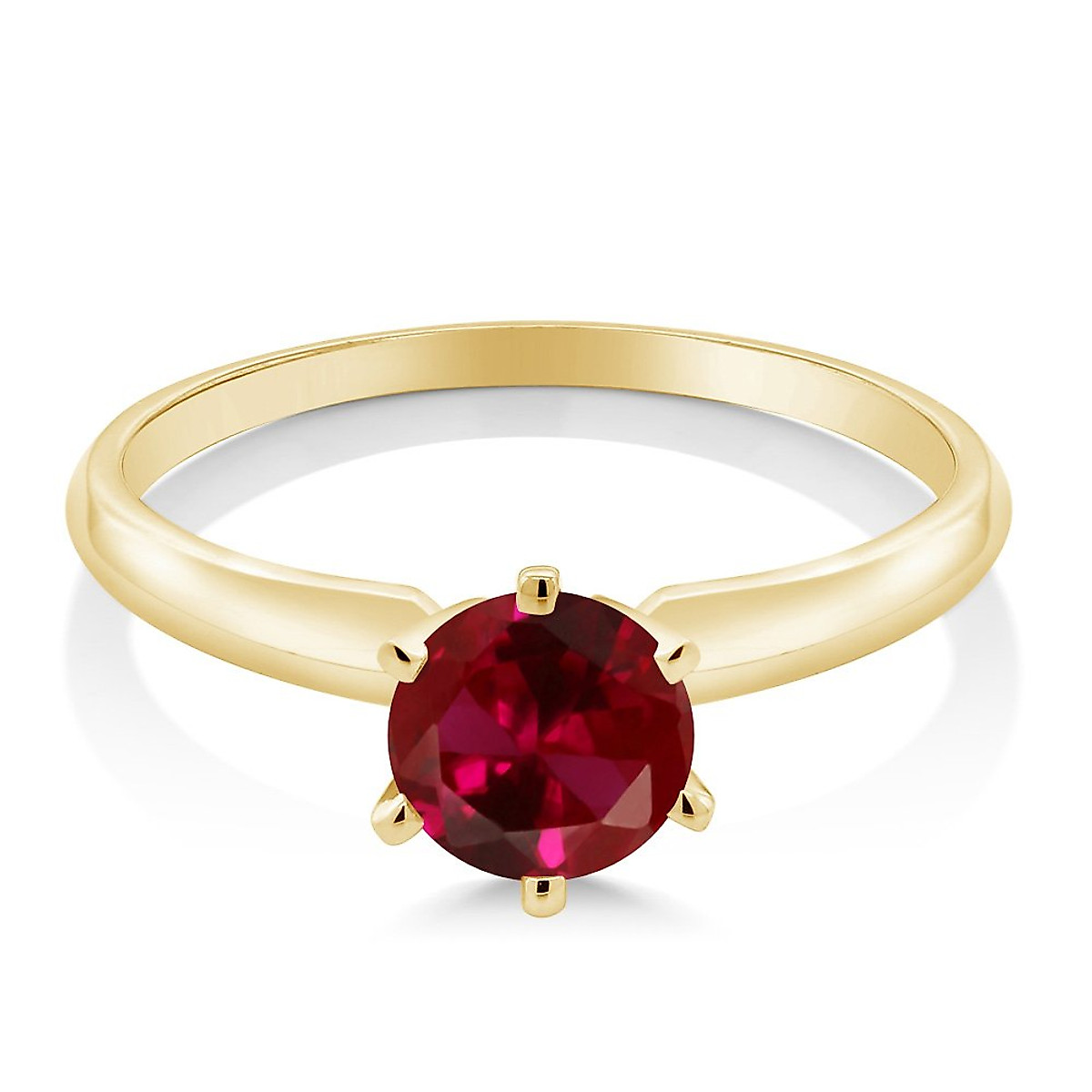 Gem Stone King 14K Yellow Gold Red Created Ruby Engagement Ring | 1.00 Cttw | Round 6MM | Wedding Solitaire Anniversary Promise Gold Ring For Women | Available In Size 5, 6, 7, 8, 9