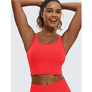 CRZ YOGA Butterluxe Womens Y-Back Racerback Longline Sports Bra - Padded Scoop Neck Workout Crop Tank Top with Built in Pads Deep Red Medium