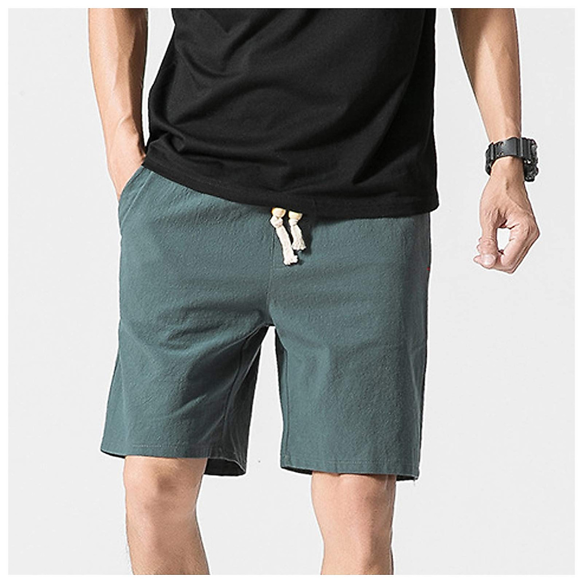 Male Summer Cotton Linen Shorts Drawstring Loose Breathable Track Trunks with Pockets Men's Classic Fit Beach Shorts Green