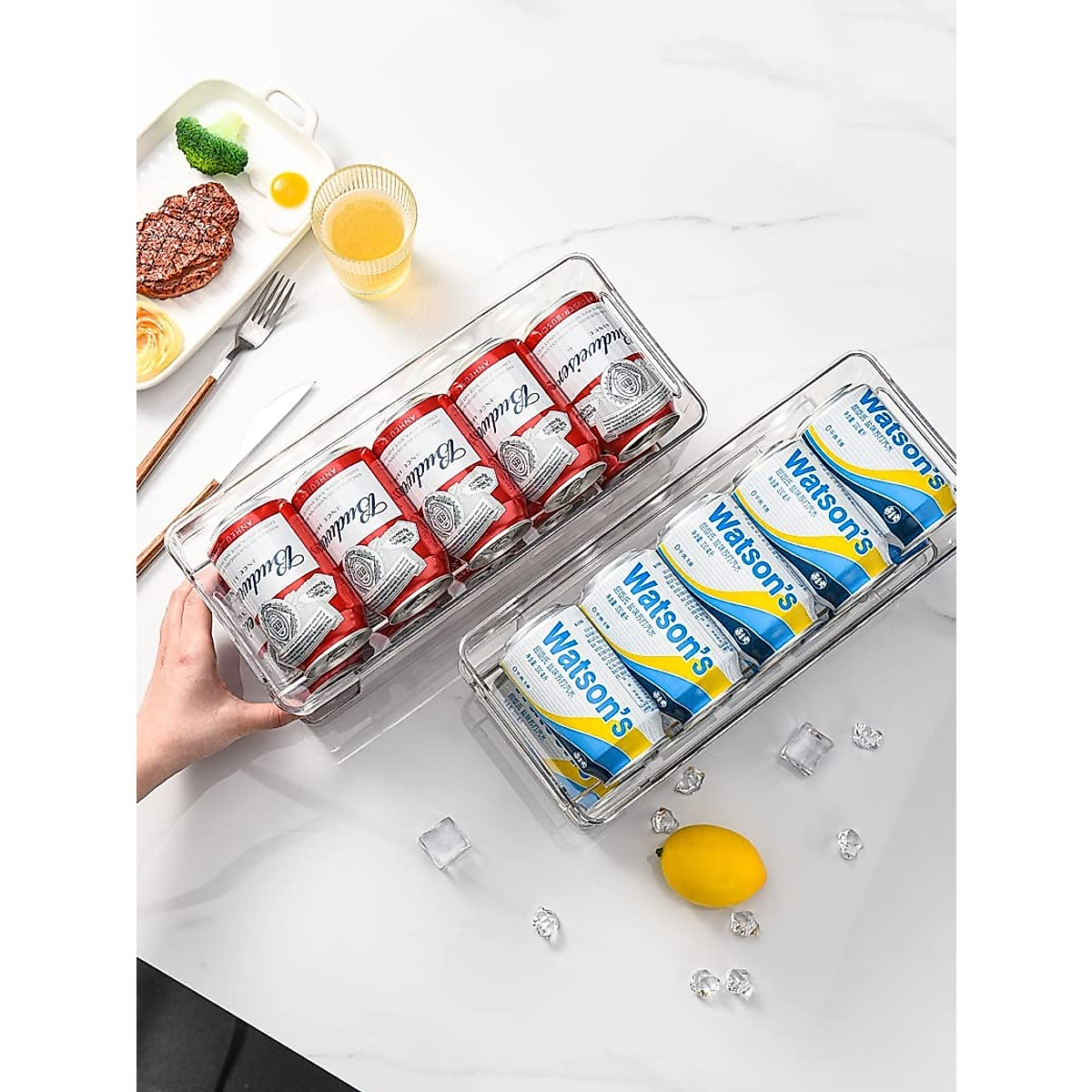 Soda Can Organizer for Refrigerator - Auto Rolling Can Dispenser Soda Can Holder Storage Organizer with Handle & 2 Ice Ball Molds
