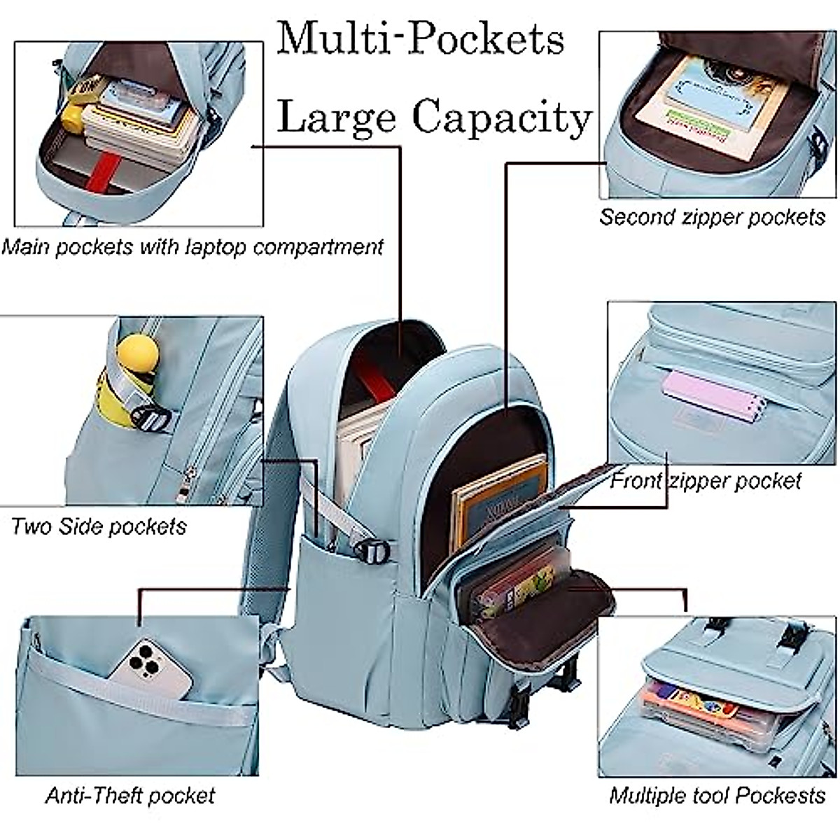 WIUFBE 15.6 inch Laptop backpacks School College Backpack Large Bookbags Anti Theft Travel Daypack For Teens Boys Girls Women (Blue)