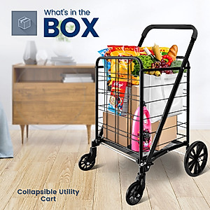 SereneLife Folding Grocery Utility Shopping Supermarket Cart with 360 Rolling Swivel Wheels, Large Capacity 110 lbs, Portable, Collapsible Compact Folding, for Grocery, Laundry, Luggage