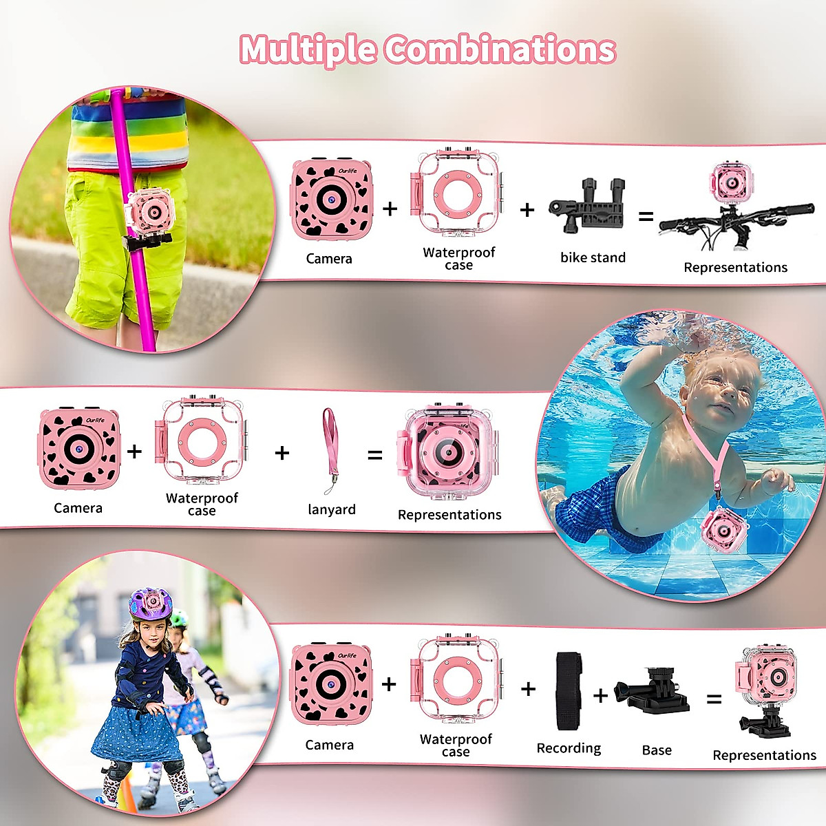 Ourlife Waterproof Camera for Kids, 1080P HD Kids Digital Action Camera Underwater Camera with 8GB SD Card, Birthday Gift Toys for Girls Age 3-14