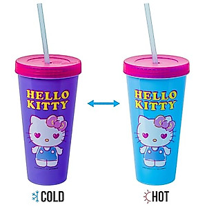Silver Buffalo Sanrio Hello Kitty Summertime Gardening 4-Pack Color Changing Plastic Tumblers Includes Lid and Straw, 24 Ounces
