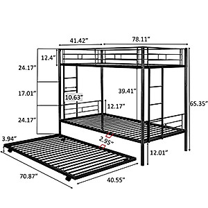 Olela Twin Over Twin Metal Bunk Beds with Trundle,2 Ladders for Boys Girls Adults,Convertible Bunk Beds for Kids Teens (Black)