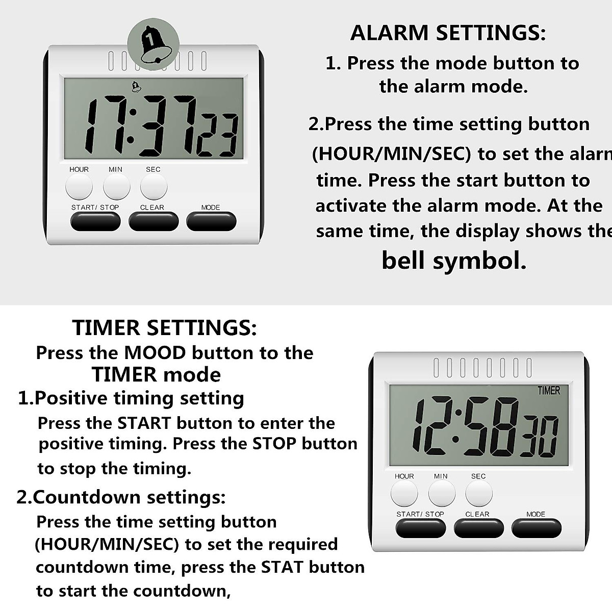 Hour Minute Second Count Up Countdown Digital Kitchen Timer, Big Digits, Loud Alarm, Magnetic Backing, Retractable Stand, 3 Pack Black