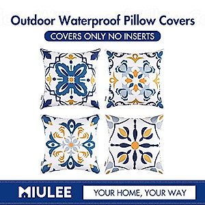 MIULEE Outdoor Waterproof Throw Pillow Covers Set of 4 Fall Boho Floral Pattern Farmhouse Luxury Decorative Square Pillowcases for Chair Patio Garden Couch Tent Balcony Sofa 18x18 Inch Blue