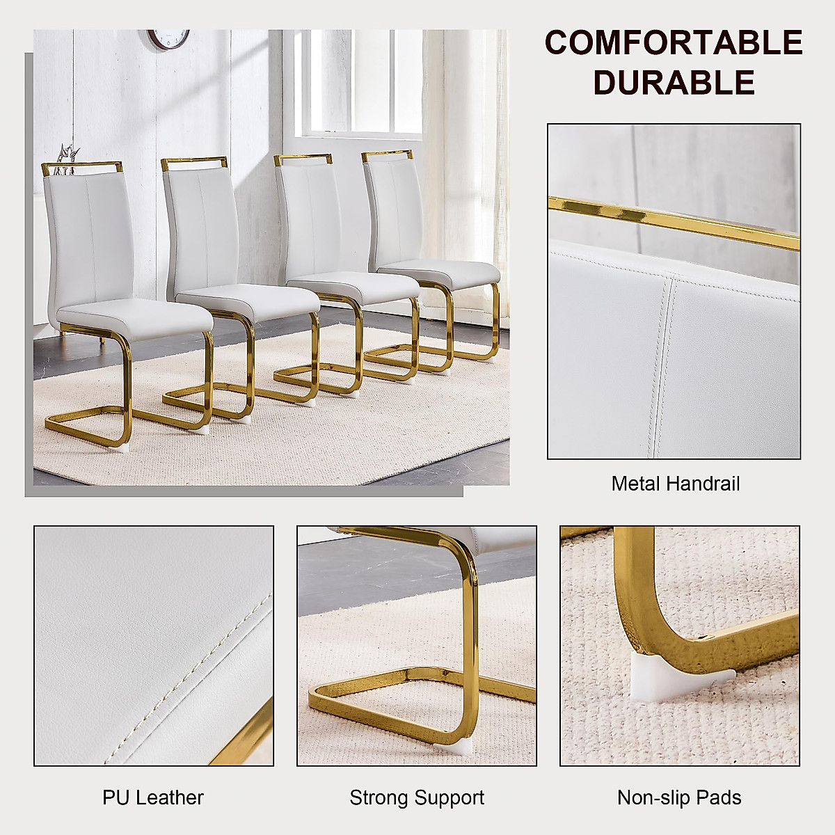 Baysitone Modern Dining Chairs Set of 4, Side Dining Room Chairs with Gold Frame, Kitchen Chairs with Faux Leather Padded Seat High Back, Chairs for Dining Room, Kitchen, Living Room Light Grey