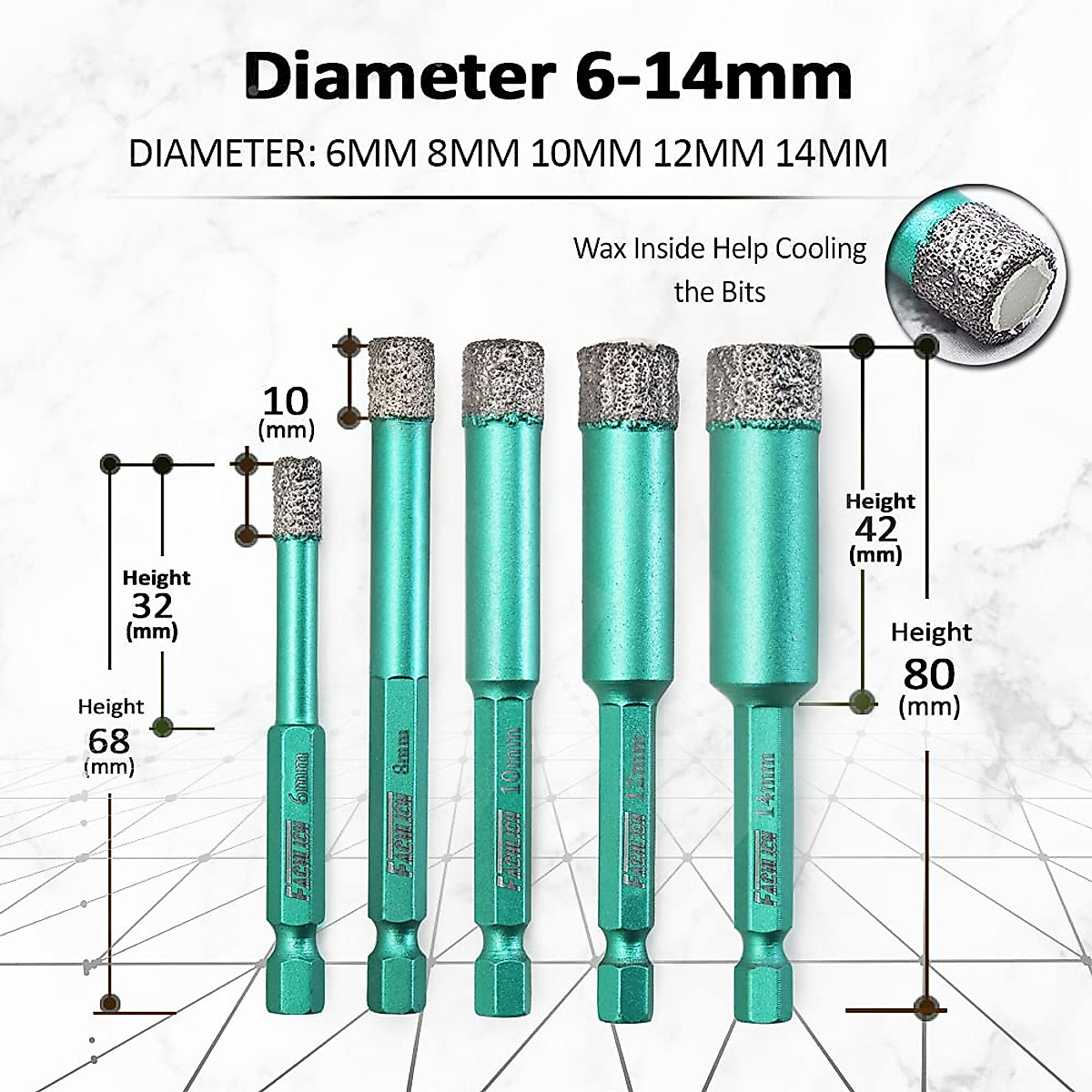 FACHLICH Dry Diamond Drill Bits,5pcs 1/2"(12mm) with Quick Change Hex Shank,for Granite Marble Tile Porcelain Ceramic Hard Materials