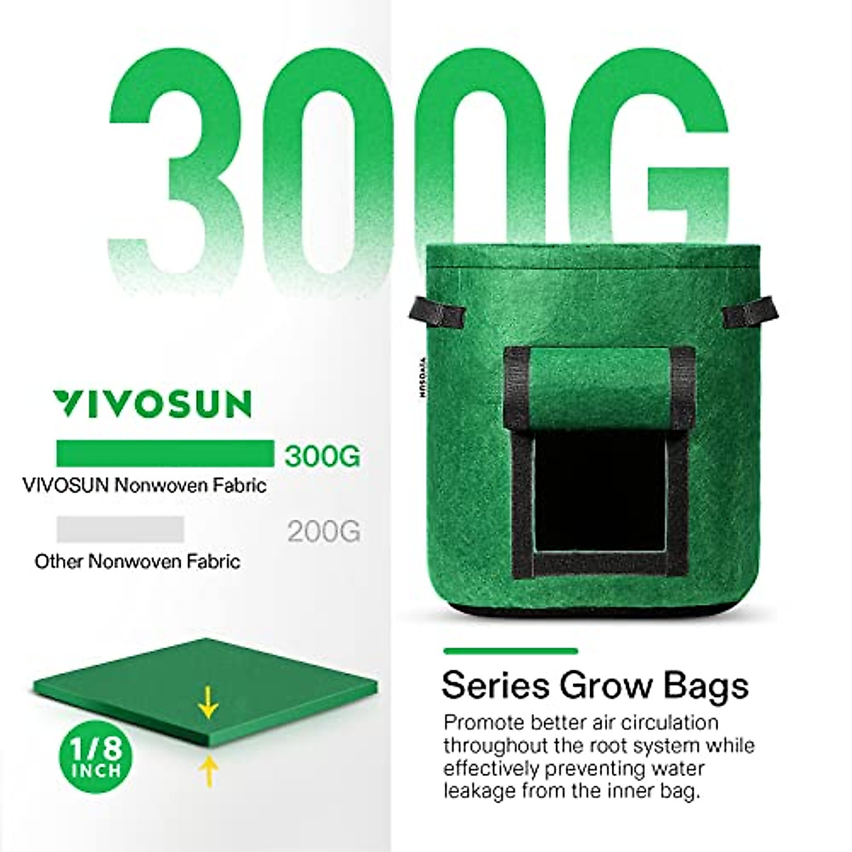 VIVOSUN 5-Pack 10 Gallon Potato Grow Bags, Fabric Pots with Handle and Roll-up Window, Green