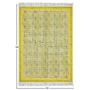 Casavani Indian Handmade Cotton Dhurrie Bordered Yellow & Green Area Rug Boho Kilim Flat Weave Rug Indoor Hall Room Decor Carpet Throw Rugs for Bedroom Living Room Bathroom Balcony 4x7 Feet