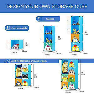 MAGINELS Children Wardrobe Kid Dresser Cute Baby Portable Closet Bedroom Armoire Clothes Hanging Storage Rack Cube Organizer(Blue, 6 Cube & 1 Rod)