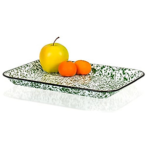 Red Co. 13.5” x 10” Enamelware Metal Classic 1.6-Quart Rectangular Serving Tray, Dark Green Marble/Black Rim – Splatter Design