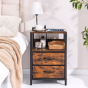 Yoobure Nightstand with Charging Station, Small Night Stand with Fabric Drawers and Storage Shelf for Bedrooms, Small Spaces, Bedside Table with USB Ports & Outlets