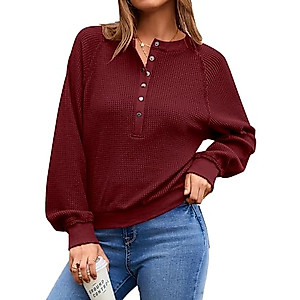 PRETTYGARDEN Women Drop Shoulder Long Sleeve Sweatshirt Fall v Neck Oversized Crop Pullover Winter Waffle Knit Henley Tops Button Down Shirt (Jujube Red, XX-Large)