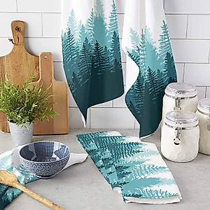 Edwiinsa Teal Ombre Kitchen Dish Towels and Dishcloths Sets 18 x 28 Inches Absorbent Hand Towels Dish Rags with Hanging Loop for Home Cleaning Gradual Forest Ink Painting Abstract Art