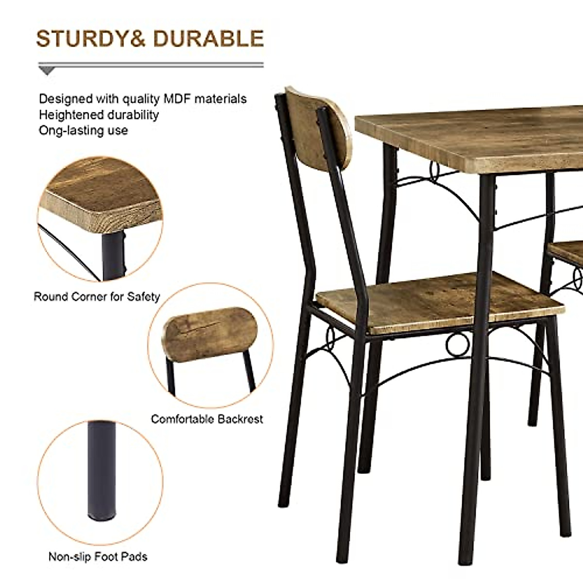 VECELO 5 Piece Dining Table Set, Metal and Wood Rectangular Kitchen Bar Breakfast Nook, Dinette with 4 Chairs, Room, Brown