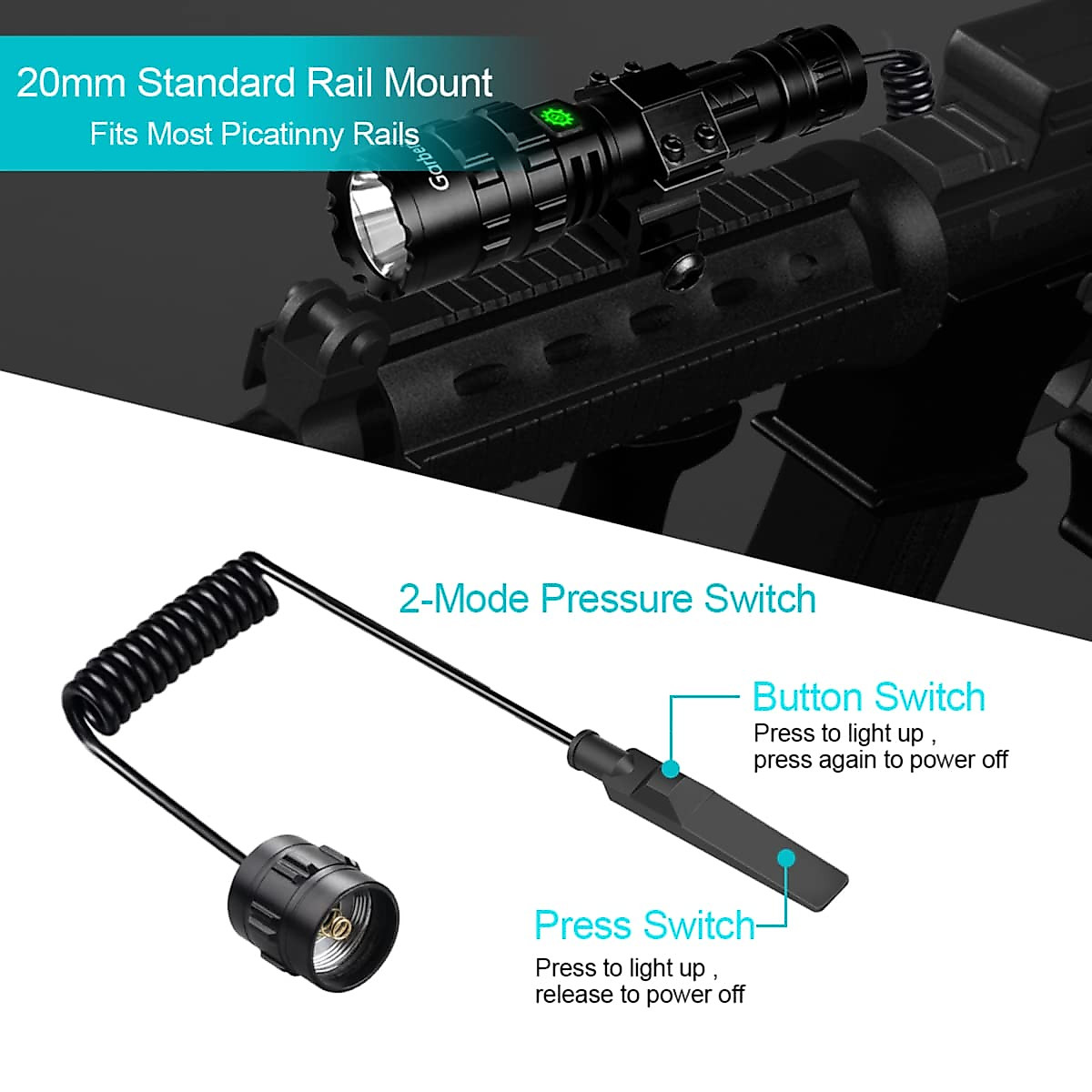 Garberiel 2 in 1 L2 LED Flashlight with Picatinny Rail Mount - 5 Modes 3000 Lumens Bright Flashlight USB Rechargeable Waterproof Torch Light
