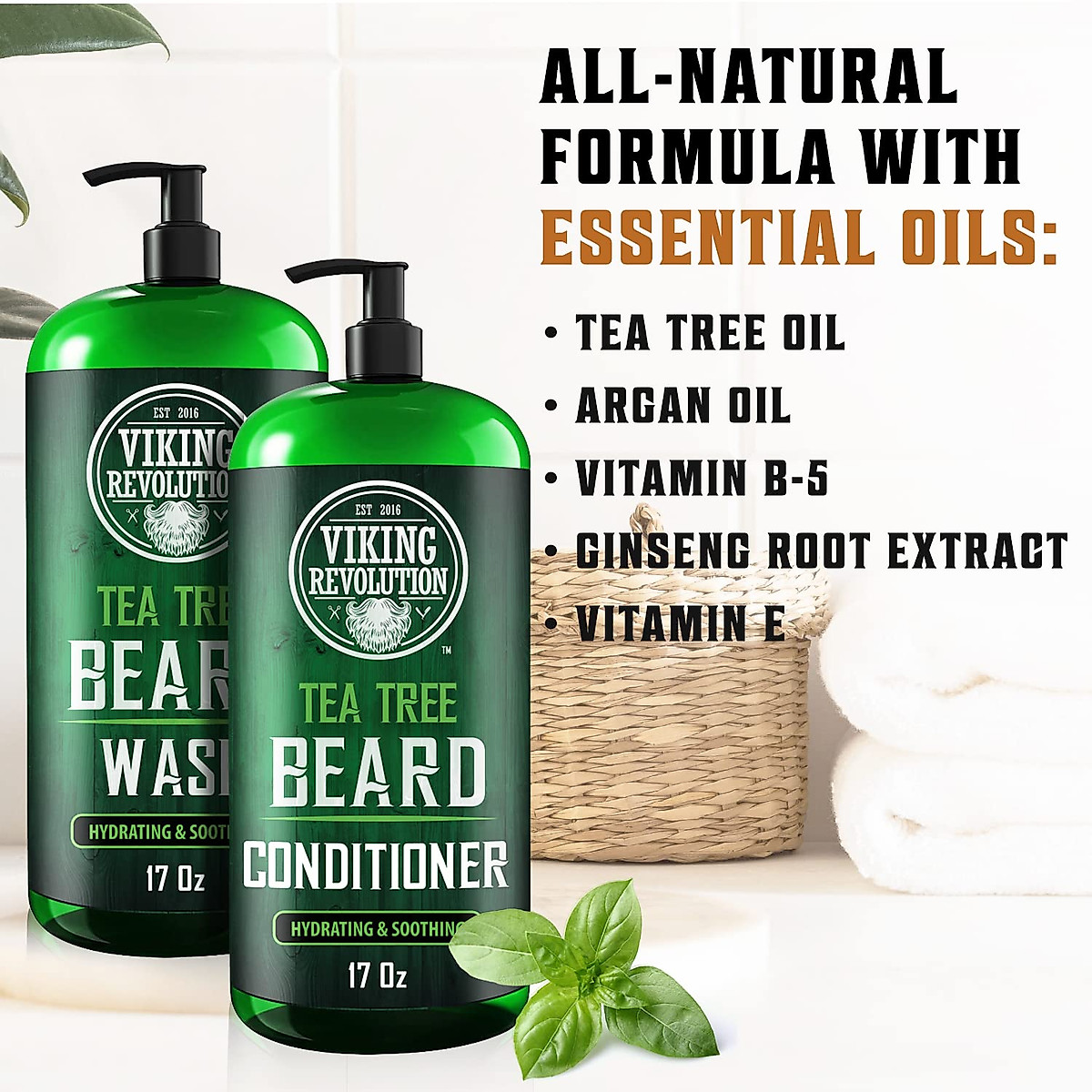 Viking Revolution Tea Tree Oil Beard Wash and Beard Conditioner For Men - Natural Beard Softener Set with Argan Oil, Vitamin E and Ginseng - Beard Shampoo and Conditioner Set (17 Oz)