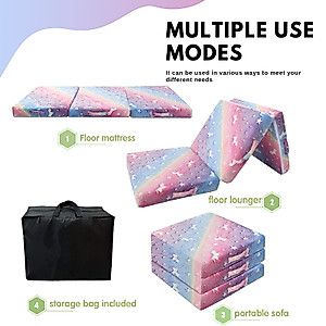 MeMoreCool Glow Rainbow Unicorn Foldable Floor Mattress for Kids, Trifold Nap Mat for Toddlers, Portable Daycare Sleeping Futon or Floor Bed, 63x26 Inch
