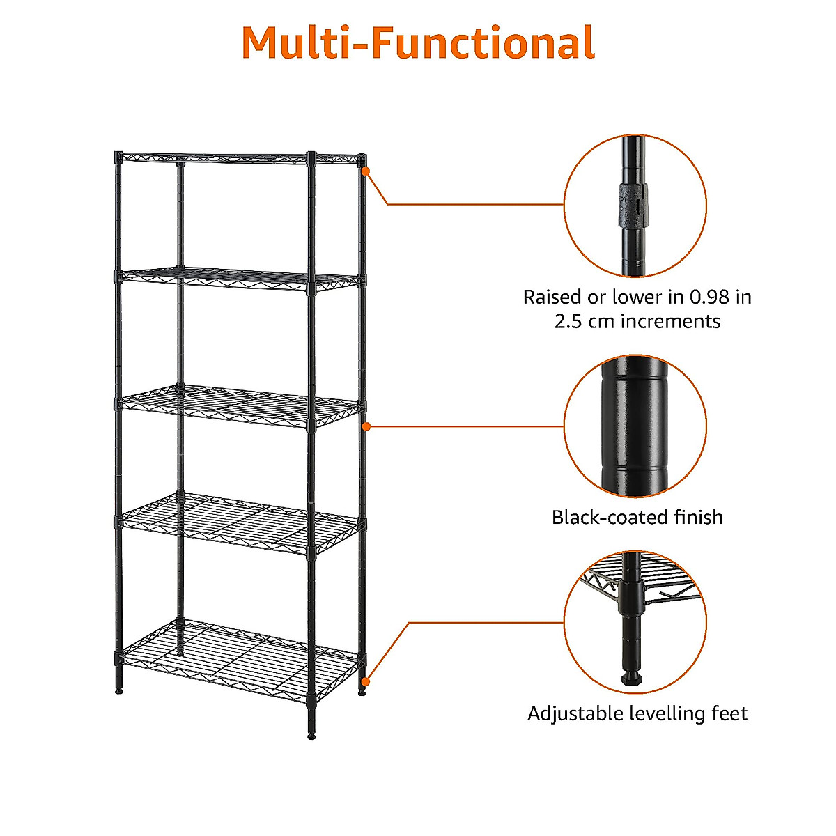 Amazon Basics 5-Shelf Adjustable Storage Shelving Unit, 200 Pound Loading Capacity per Shelf, Steel Organizer Wire Rack, 24 x 14 x 60 Inches (LxWxH), Black