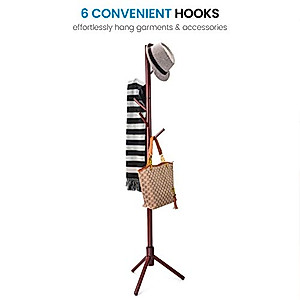 ZOBER Coat Rack Free Standing - Wooden Coat Tree W/ 6 Hooks - Coats, Purses, Hats - Adjustable Sizes, Easy Assembly - Cherry