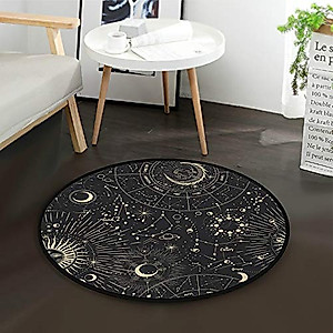 Kuizee Round Doormat Moon Phases Sun Zodiac Mysterious Astrology Polyester Indoor Outdoor Non-Slip Water Absorption Living Room Bedroom Bathroom Kitchen Home Decor 36.2Inch