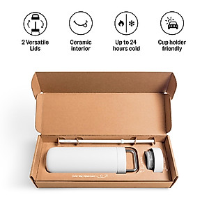 Fellow 20 oz Carter Water Bottle with 2 Lids - Leak-Proof Lid with Metal Handle - Cold Lid with Straw - Ceramic Interior & Vacuum-Insulated Stainless Steel - Matte White