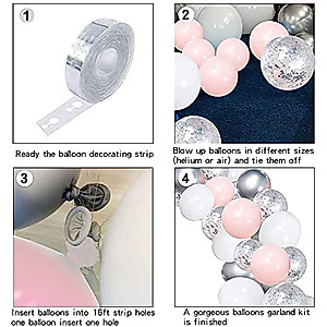 Silver Pink Balloons Garland Kit, 106pcs White and Silver Confetti Metallic Latex Balloons Arch with 16ft Tape Strip & Dot Glue for Girl Baby Shower, Birthday Party, Wedding, Anniversary Decorations