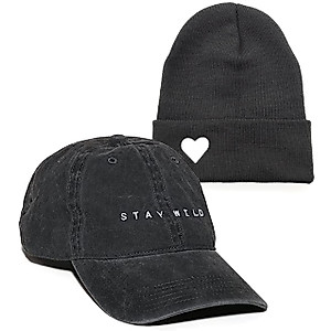 Atticus Poetry Dad Hat for Women (Stay Wild Black) and Cuffed Beanie for Women (Heart Dark Gray) - Unisex Fit, One Size