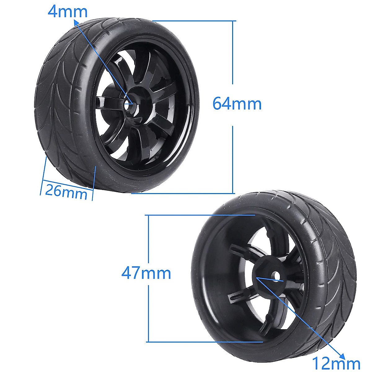 4PCS Width:1.02" (26mm) OD 2.56"(65mm) Rubber Tires & Wheel Rims 12mm Hex Hub For 1/10 Scale RC Vehicle On Road Touring Car