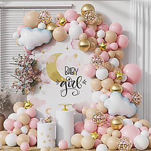 Cloud Balloon Arch Garland Kit 146pcs Pastel Pink Nude and Chrome Metallic Gold Latex Balloon with White Cloud Foil Balloon for Girl Baby Shower Birthday Party Decoration