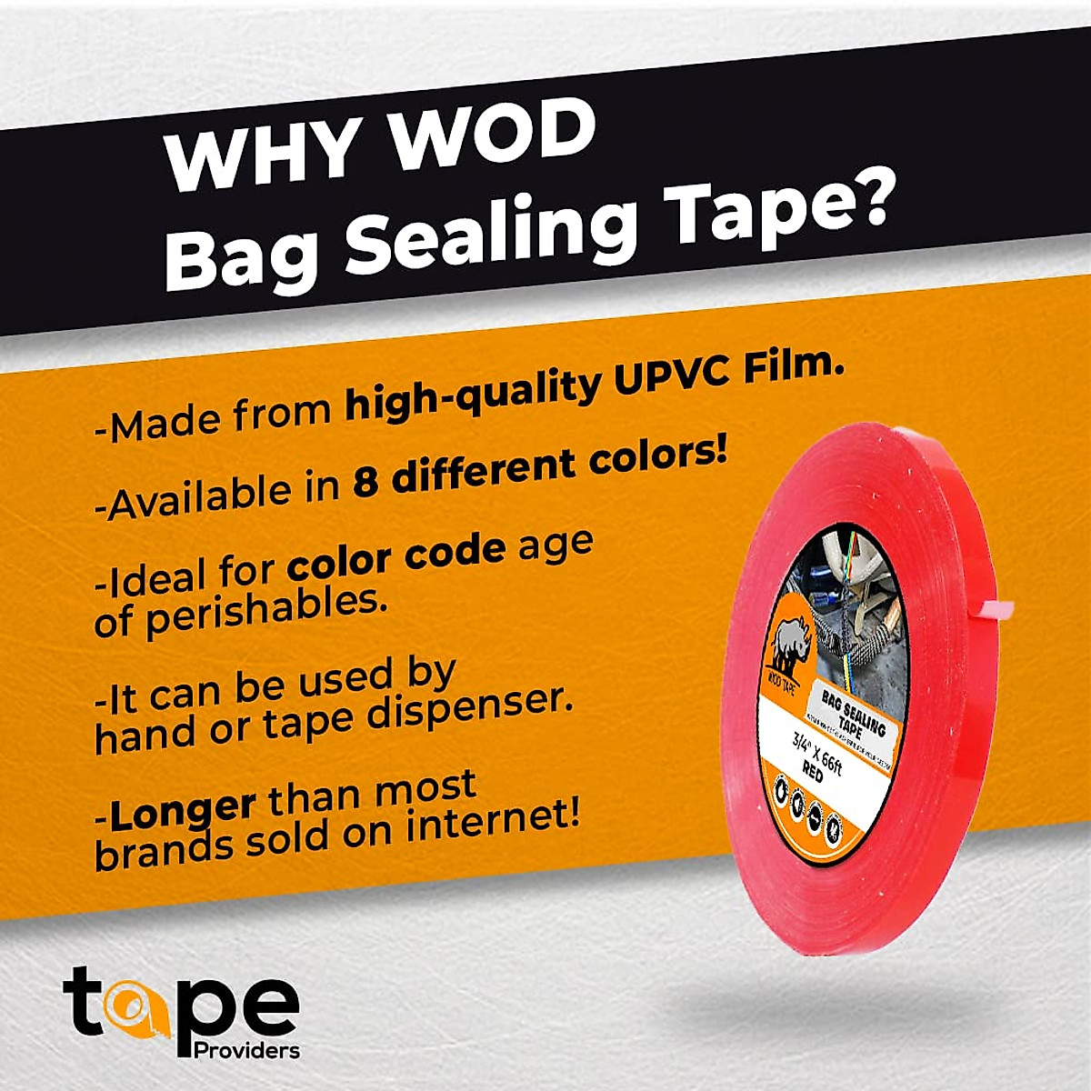 WOD BSTC22PVC Black 10 Pack, Poly Bag Sealer Tape - 3/8 inch x 180 yds. for Color Coding Age of Perishables, Food Storage, Pack,Aging and Sealing Meat, Candy, or Gifts