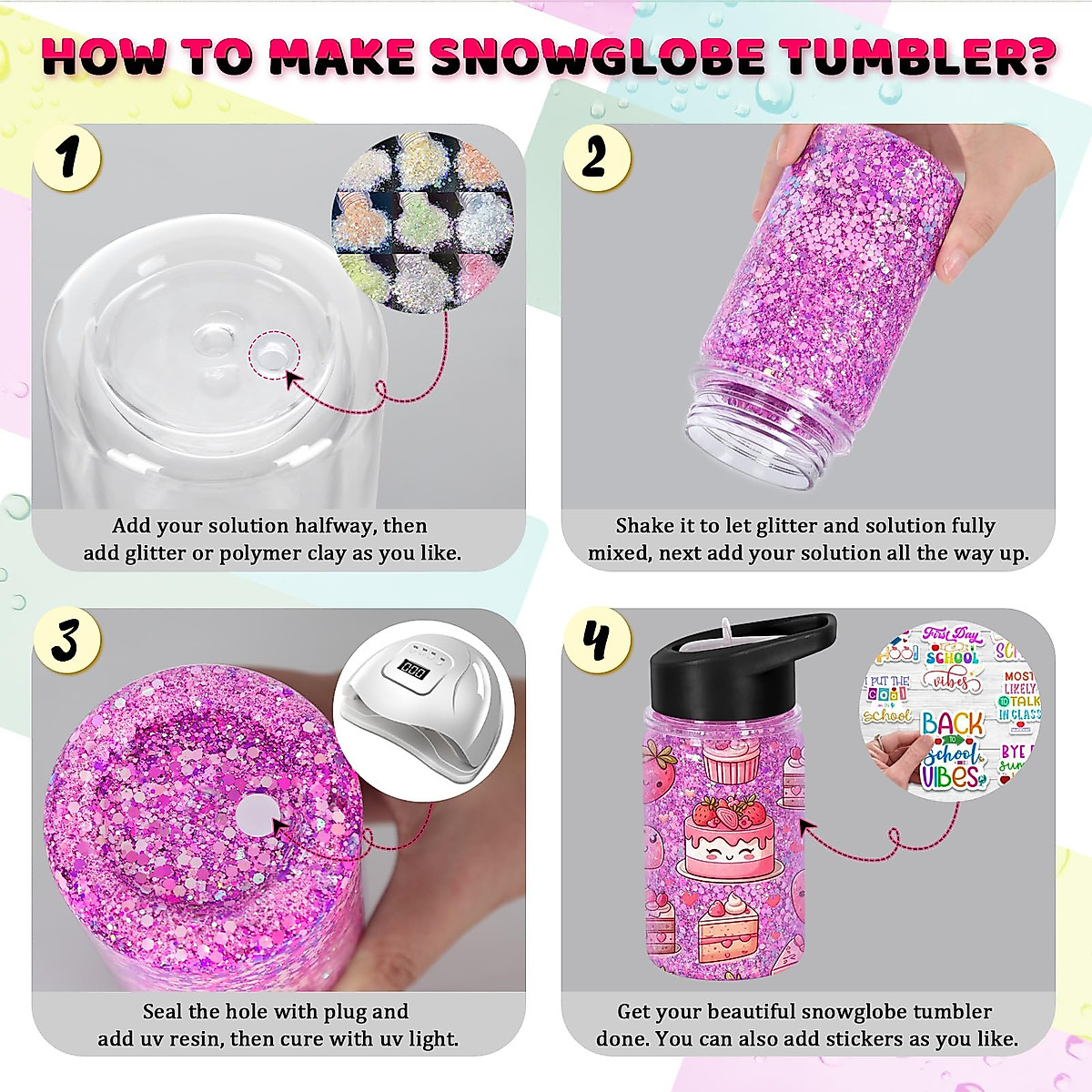 Maucircol 10 Oz Plastic Kids Snowglobe Tumbler with Pre-Drilled Hole and Plug, 10 Pack Double Wall Acrylic Snowglobe Cup for Glitter, Mixed Color